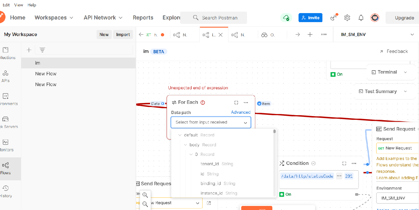 Post man Flow does not iterate over the list of elements, selecting of a variable is disabled ...
