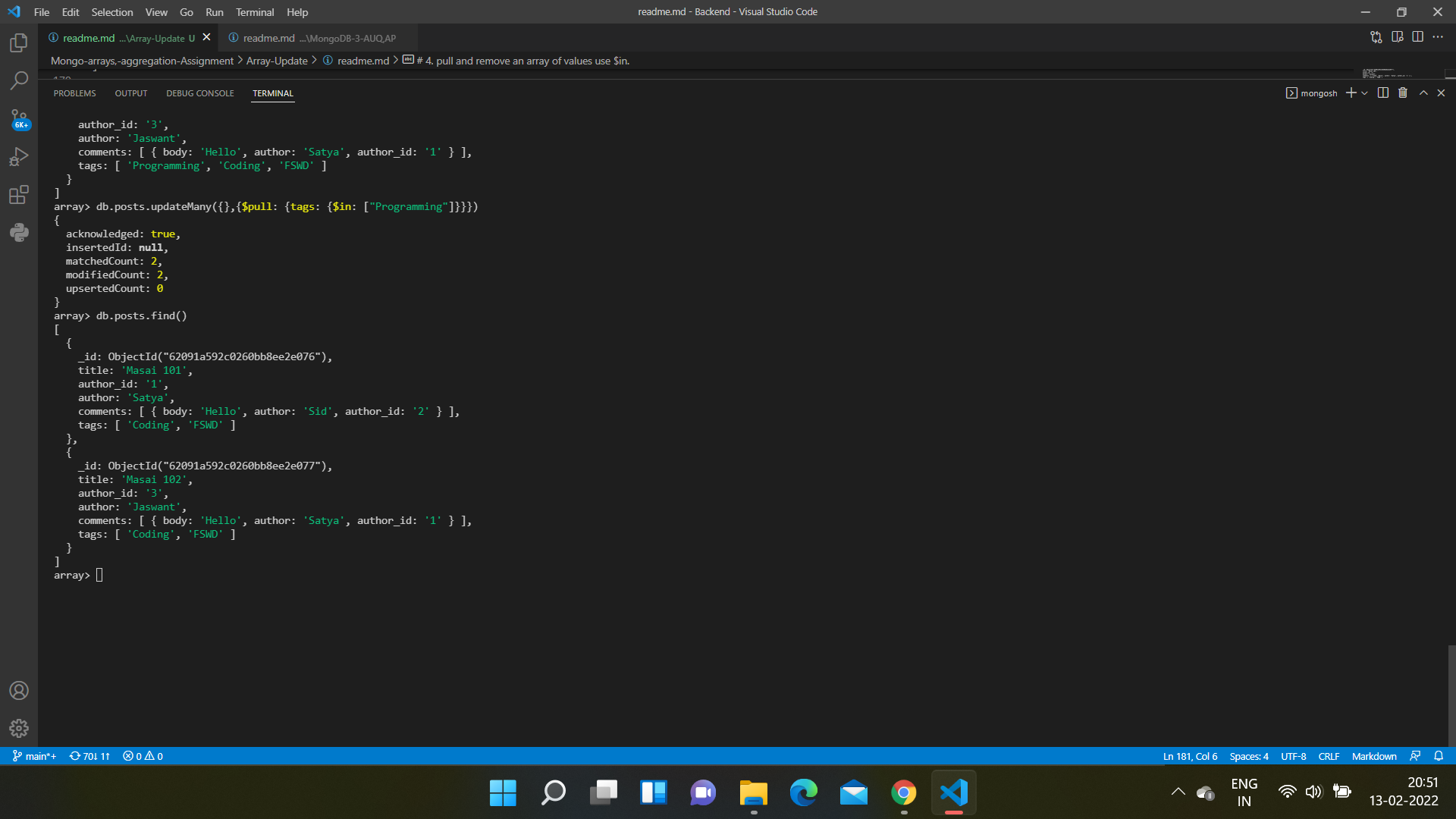 GitHub - Satyamall/Backend-Mongo-arrays--aggregation-Array-Update