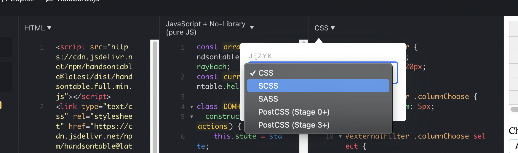 Docs: SCSS by default in JSFiddle · Issue #10015 · handsontable/handsontable · GitHub
