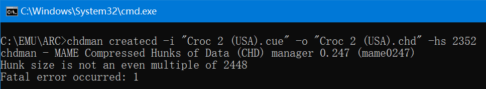 chdman createcd : the hunk size cannot be set to any other value except a multiple of 2448 ...