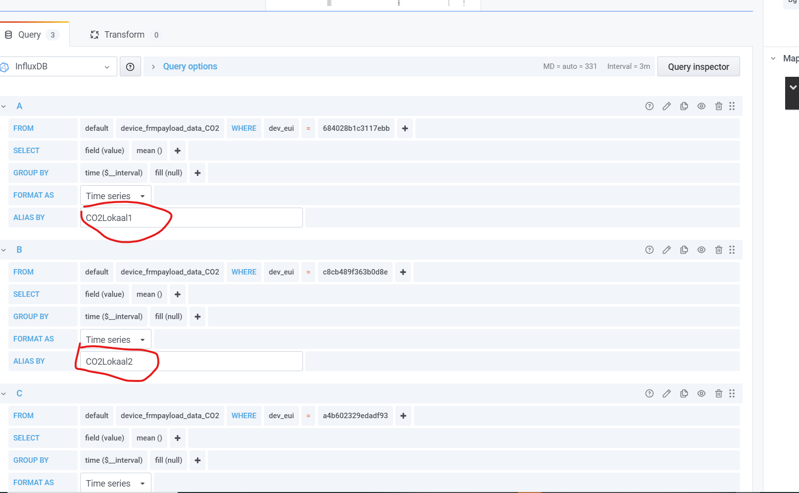 Alias/metrics InfluxDB from different devices don't show up on the "apply to metrics" of mapping ...