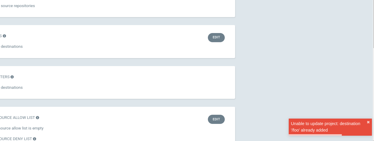 Unable to add multiple destinations to a project, when adding by cluster name. · Issue #10594 ...