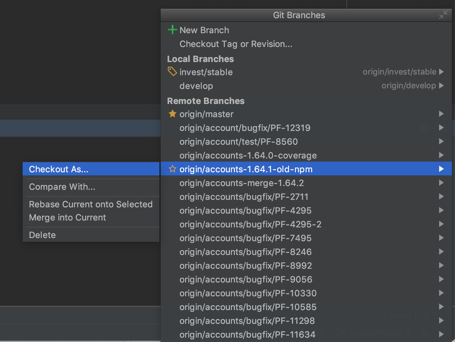 Create menu to work with git branches like in WebStorm · Issue #61440 · microsoft/vscode · GitHub