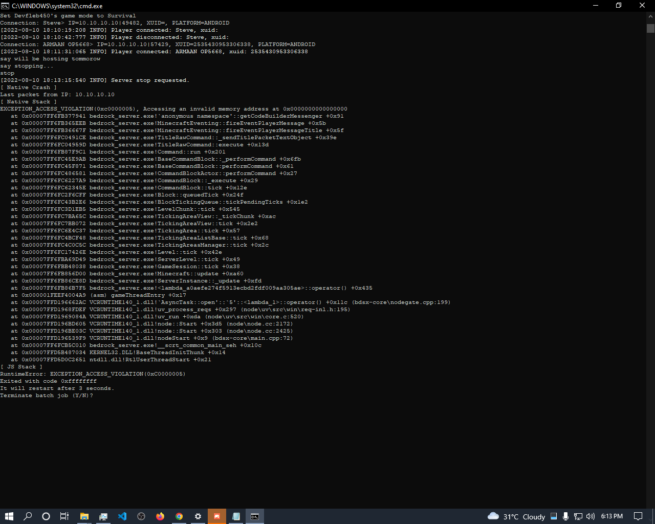 /stop crash · Issue #373 · bdsx/bdsx · GitHub