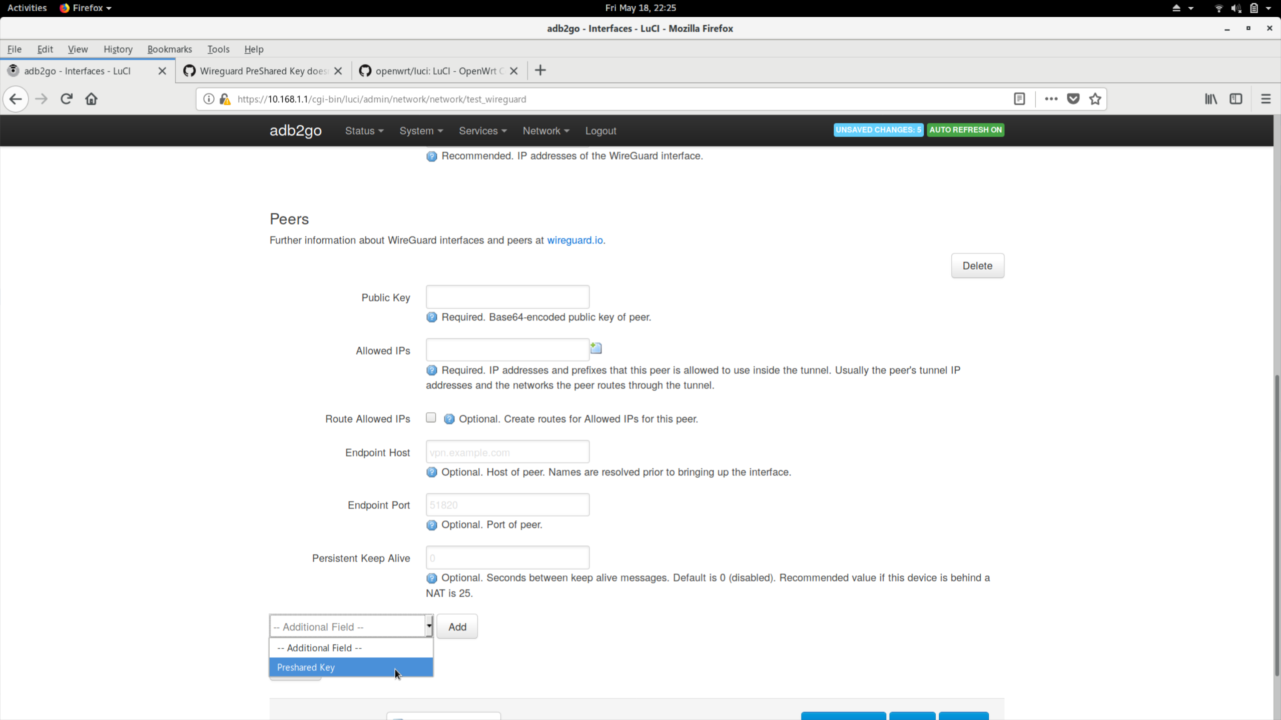 Wireguard PreShared Key doesn't work in LuCI · Issue #1798 · openwrt/luci · GitHub