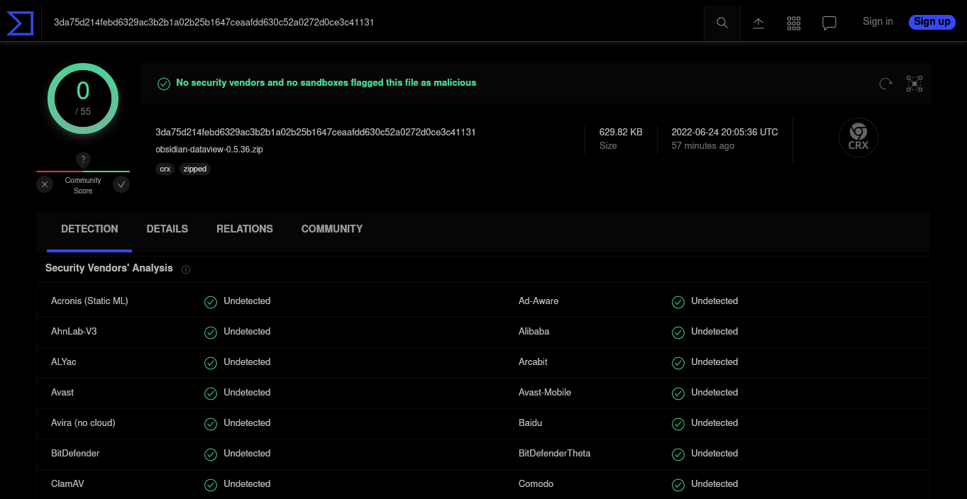 VirusTotal report for current obsidian-dataview-master.zip · Issue #1212 · blacksmithgu/obsidian ...