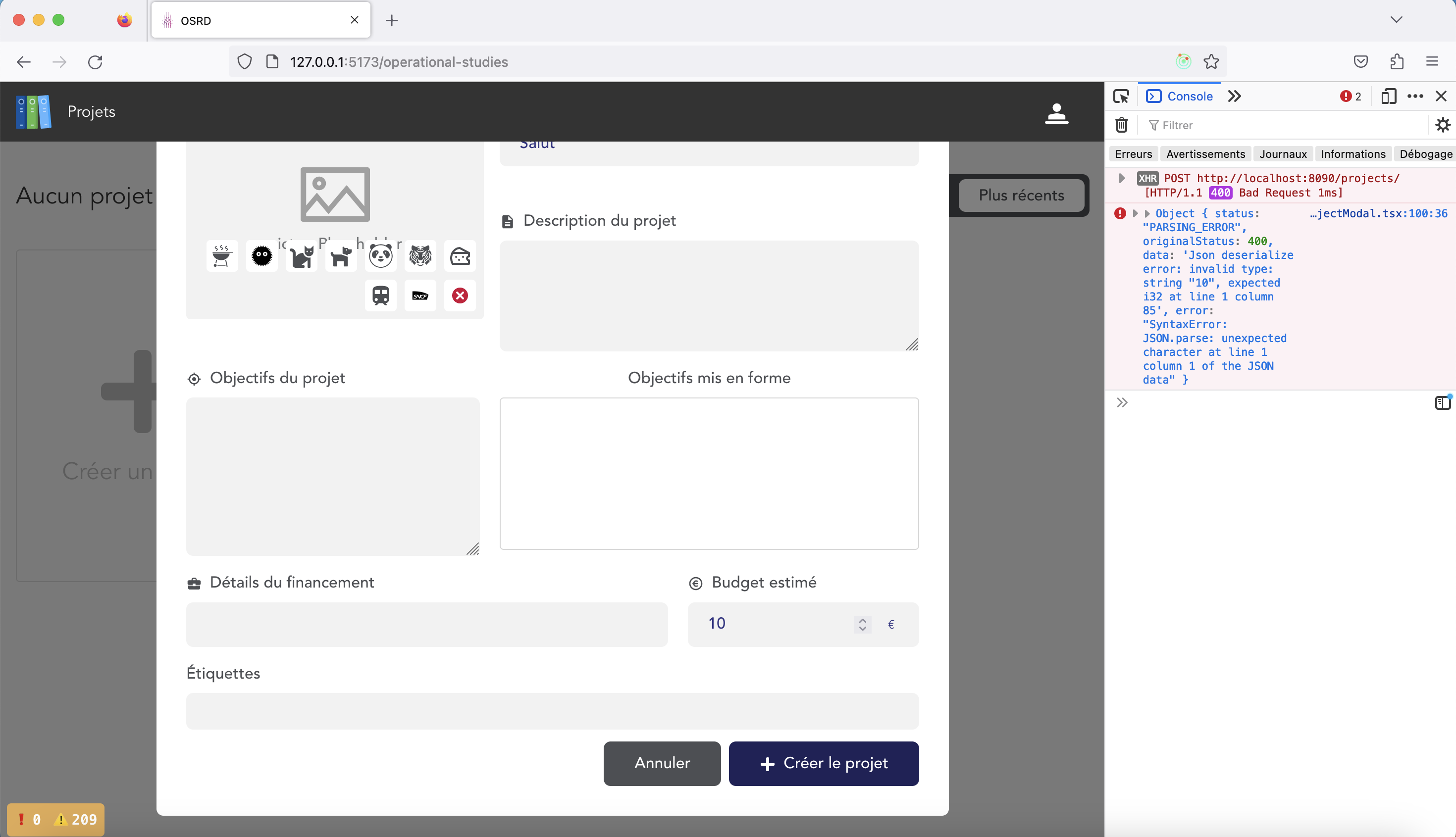 front: selecting a budget prevents creating/modifying a project · Issue #3514 ...