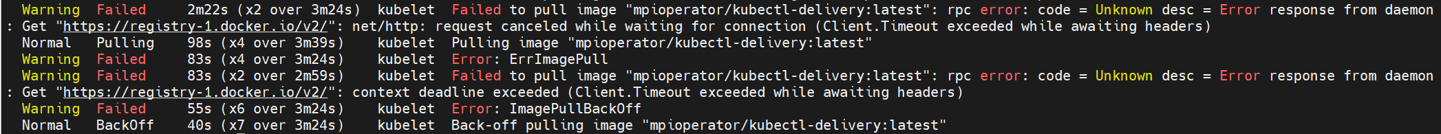 launcher pod displays `Init:ImagePullBackOff`, and it failed to pull `mpioperator/kubectl ...