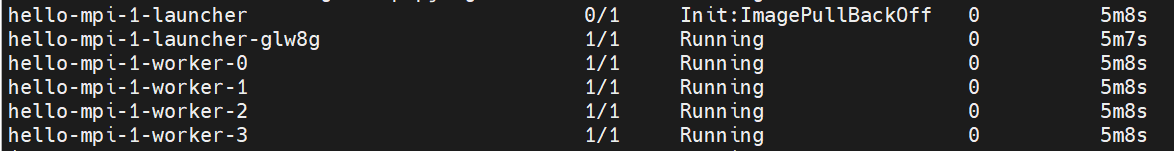launcher pod displays `Init:ImagePullBackOff`, and it failed to pull `mpioperator/kubectl ...