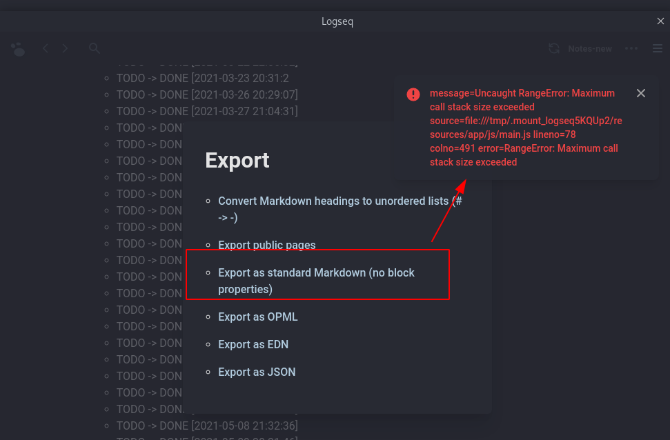 [0.1.6] Export as standard Markdown doesn't work · Issue #2167 · logseq/logseq · GitHub