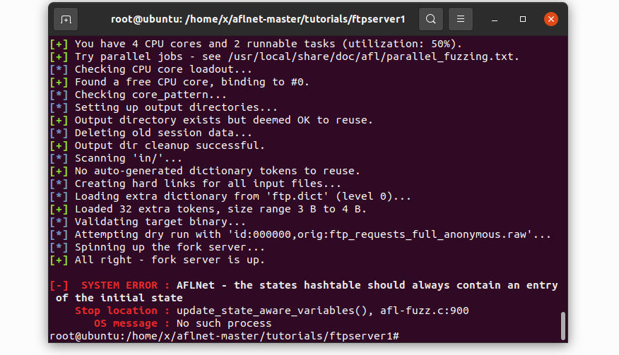 SYSTEM ERROR : AFLNet - the states hashtable should always contain an ...