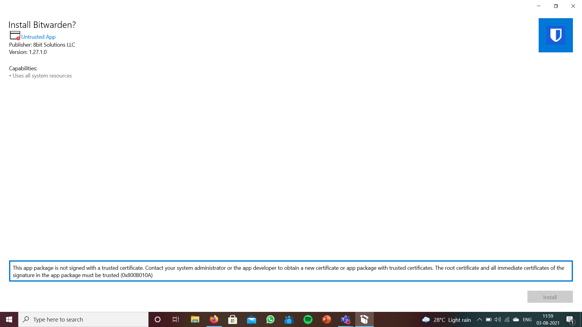 Bitwarden's Appx Package Install Button Greyed Out · Issue #1010 · bitwarden/desktop · GitHub