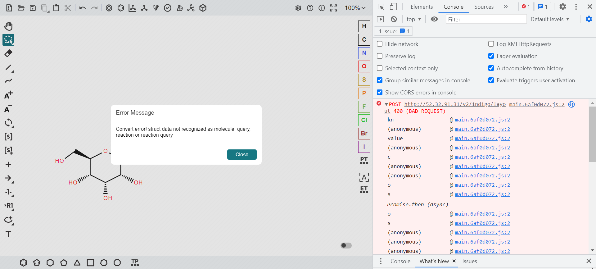 The error is displayed when a user presses 'CTRL+V' after adding a structure to the canvas via ...
