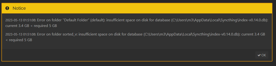 Alert when syncing is stopped due to insufficient disk space