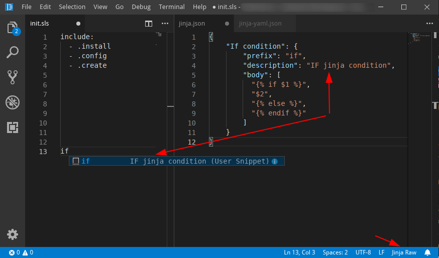 Question no Intellisense and Snippets for jinja-yaml languge · Issue ...