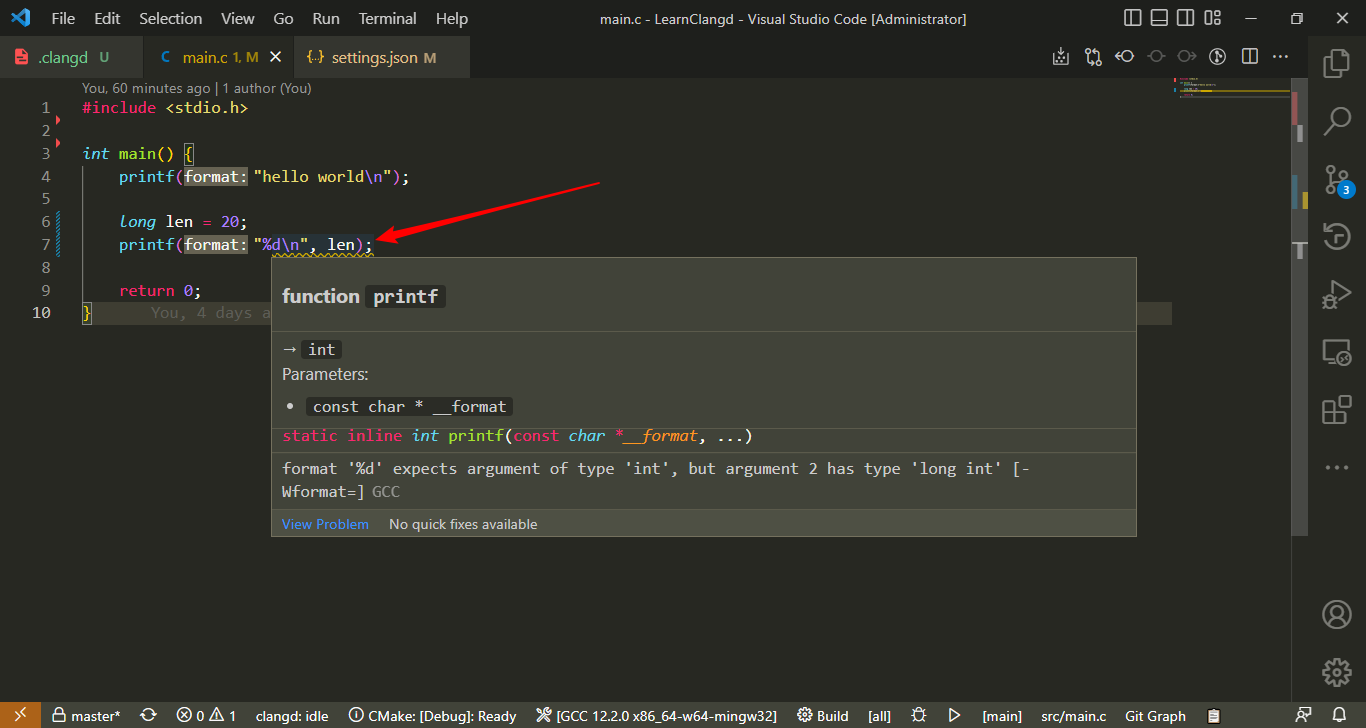 Clangd does not show -Wformat diagnostic, even though -Wformat is ...