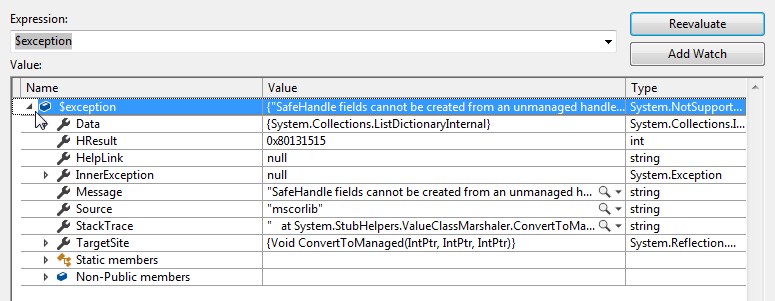 System Notsupportedexception Safehandle Fields Cannot Be Created From An Unmanaged Handle