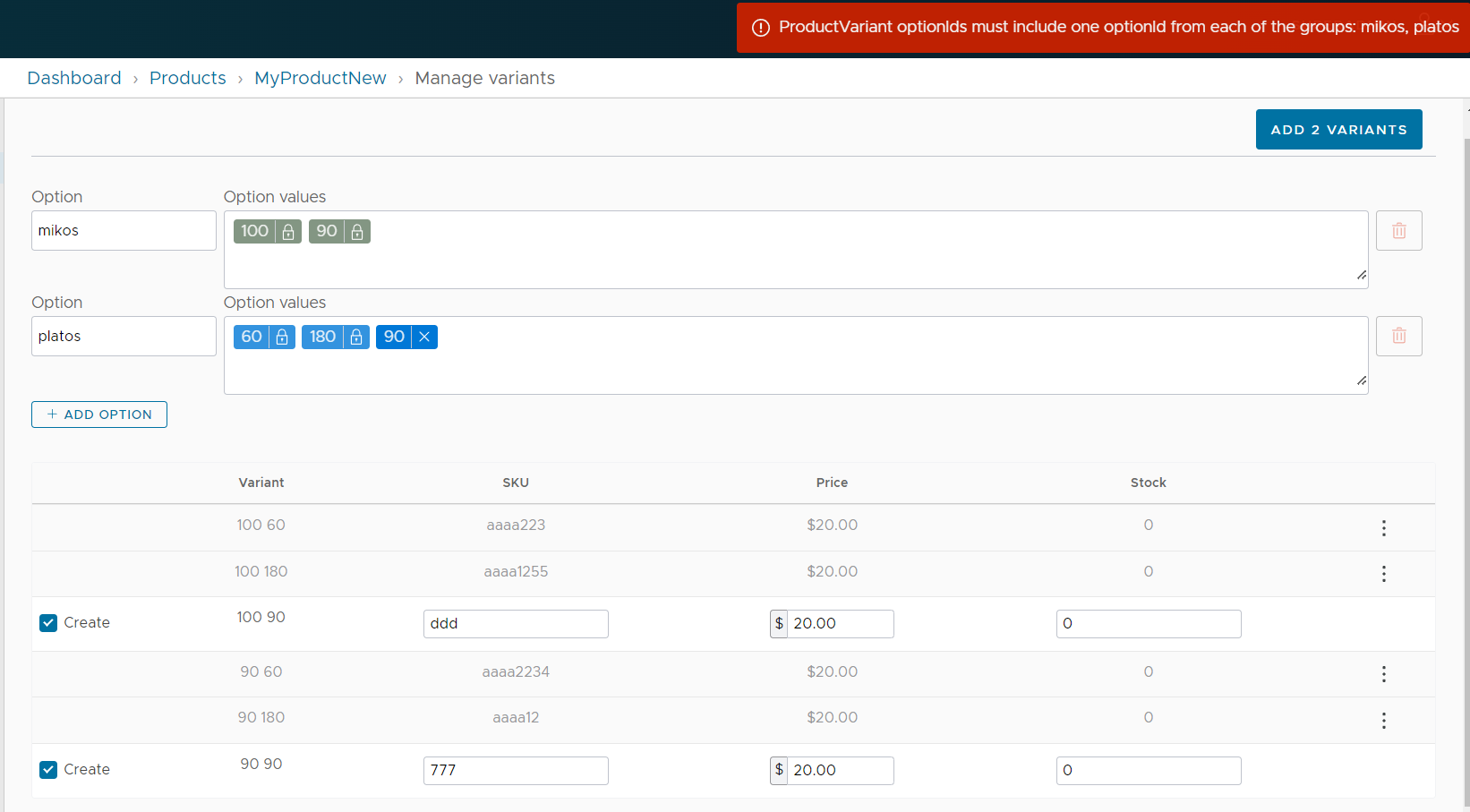 Manage Variants Problem when same value on two different options · Issue #1813 · vendure ...