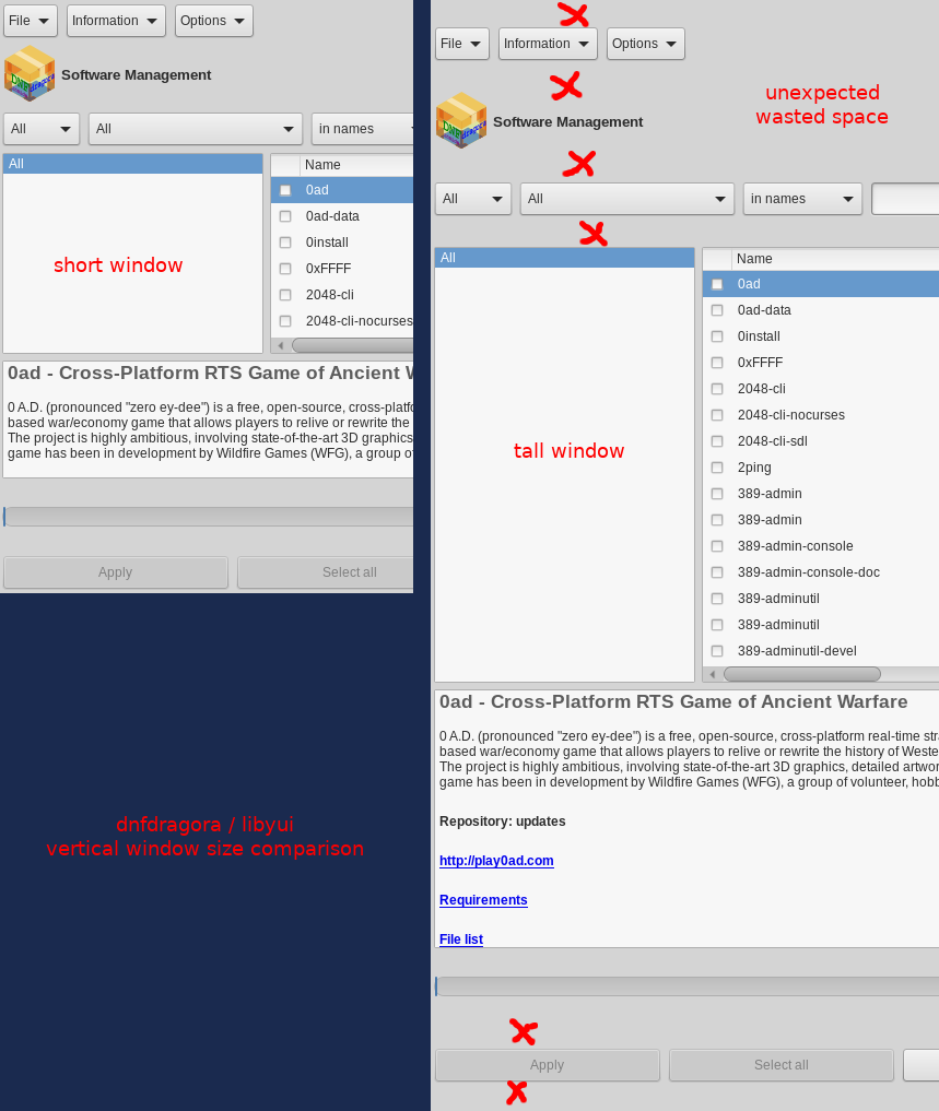 Display of GUI of dnfdragora is highly unlogical & need rebuilding ...