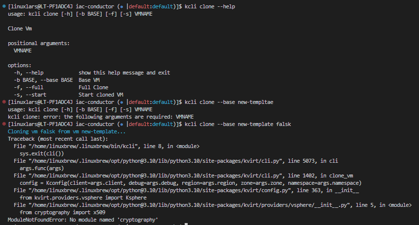 `kcli clone --base EXISTING_TEMPLATE_NAME NEW_VM_NAME` throws `ModuleNotFoundError: No module ...