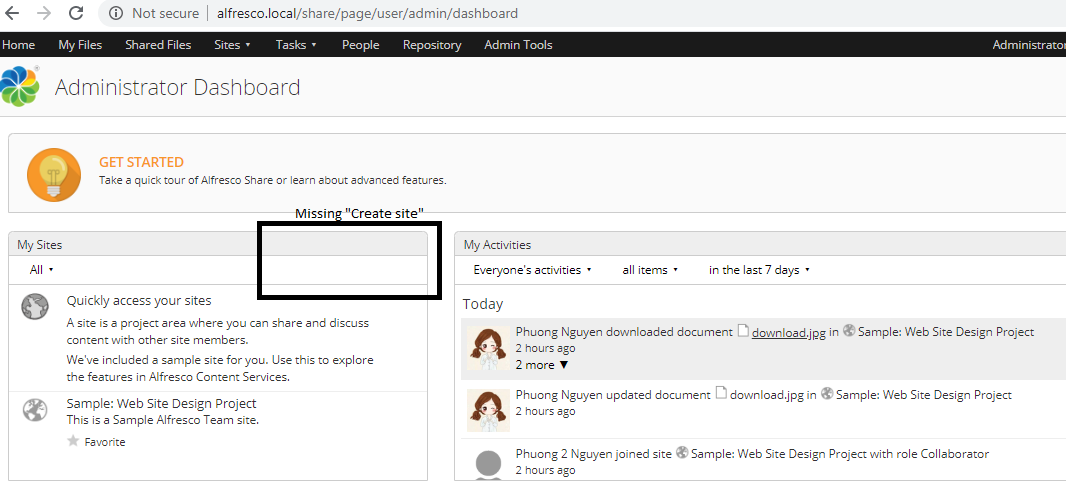 I Can Not See The Button Create Site · Issue 27 · Alfrescoalfresco Docker Installer · Github 