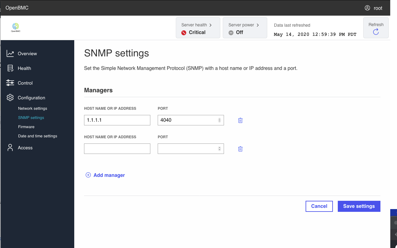 GUI : FED : Server Configuration - SNMP settings · Issue #1223 · ibm-openbmc/dev · GitHub