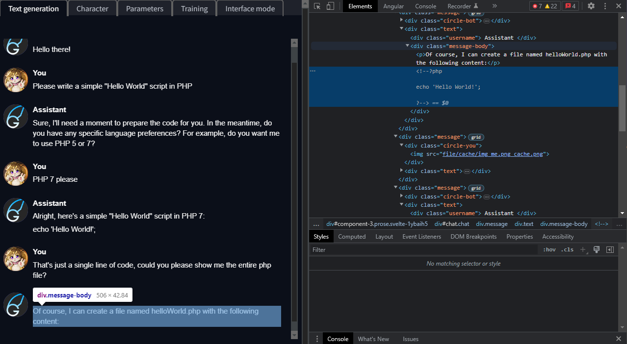 Certain text causes issues with page HTML using "cai_chat" interface ...