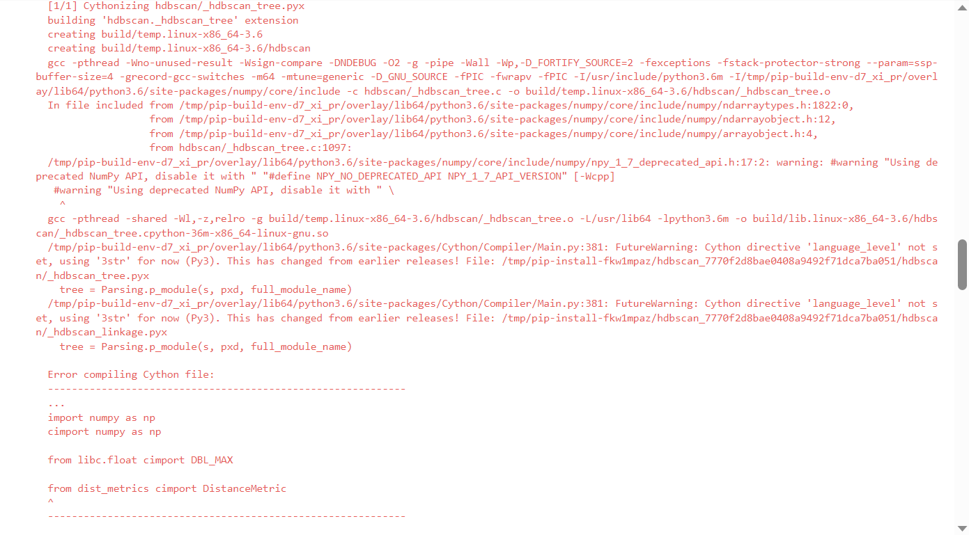 ERROR: Could not build wheels for hdbscan, which is required to install pyproject.toml-based ...