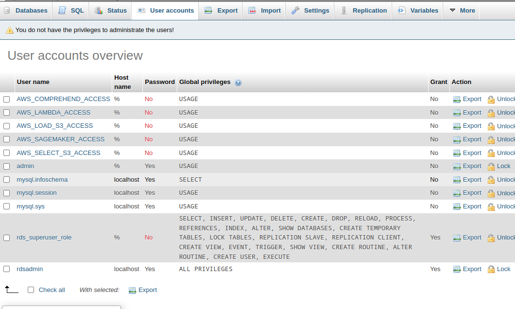 Impossible to manage users on AWS RDS Aurora Mysql · Issue #18782 · phpmyadmin/phpmyadmin · GitHub