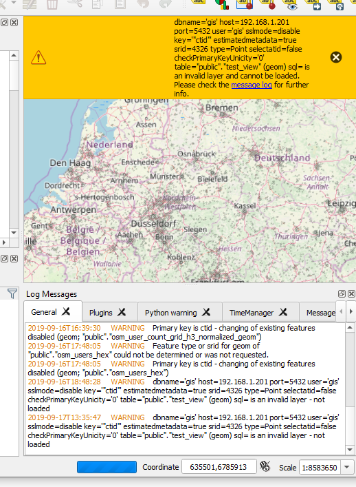 UI: PostGIS layer error message not helpful, disappears and shouldn't ...