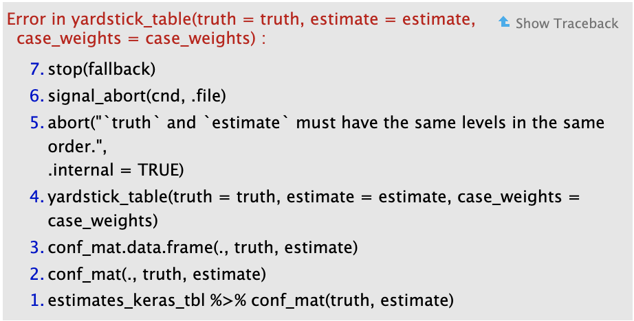 Error in `yardstick_table()`: ! `truth` and `estimate` must have the same levels in the same ...