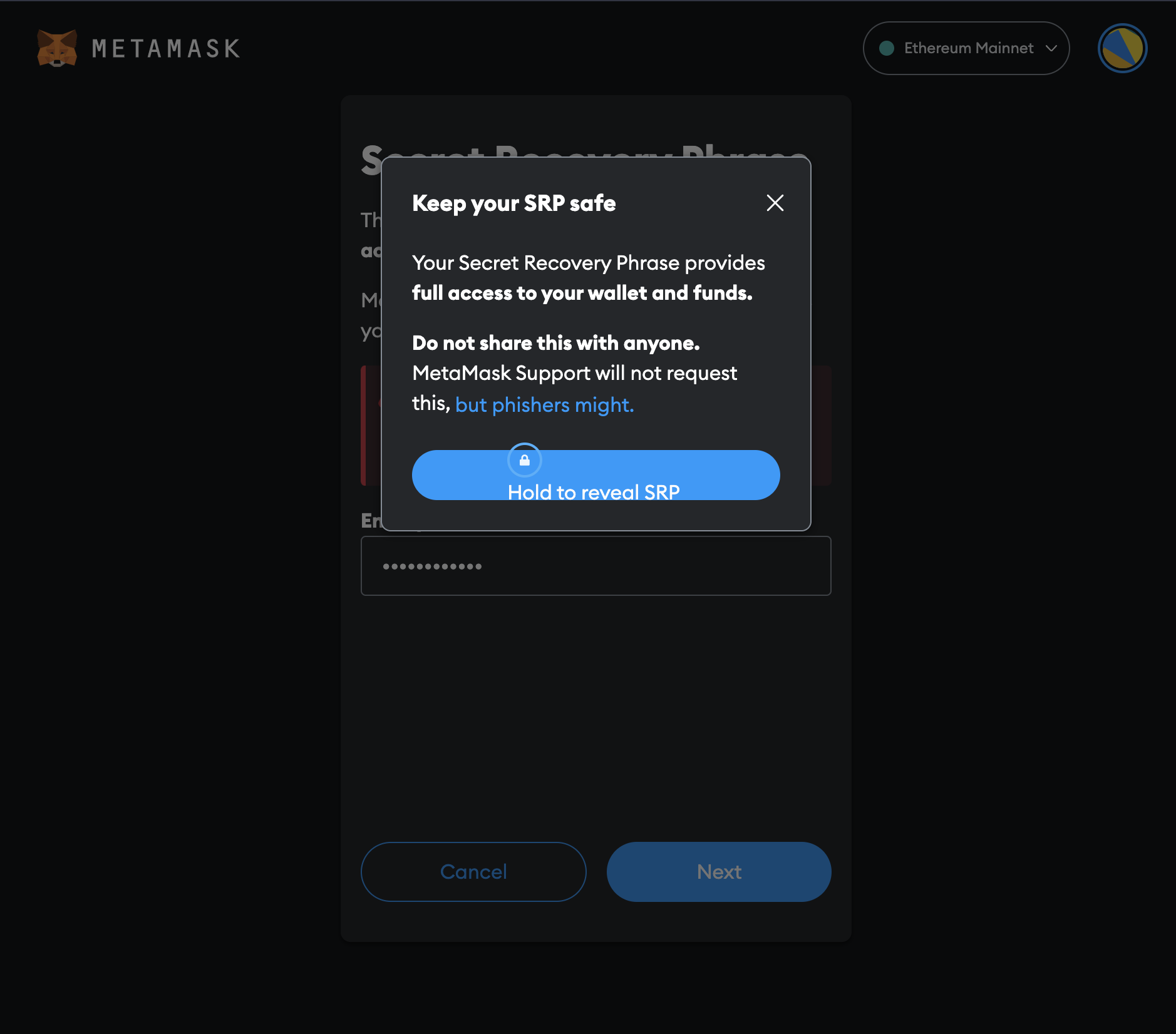 Hold to reveal button broken · Issue #18495 · MetaMask/metamask-extension · GitHub