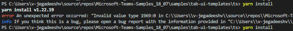 can not run install https://github.com/OfficeDev/Microsoft-Teams-Samples/tree/main/samples/tab ...