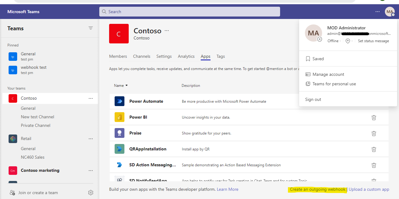 Unable to create outgoing webhook · Issue #9120 · MicrosoftDocs/msteams-docs · GitHub