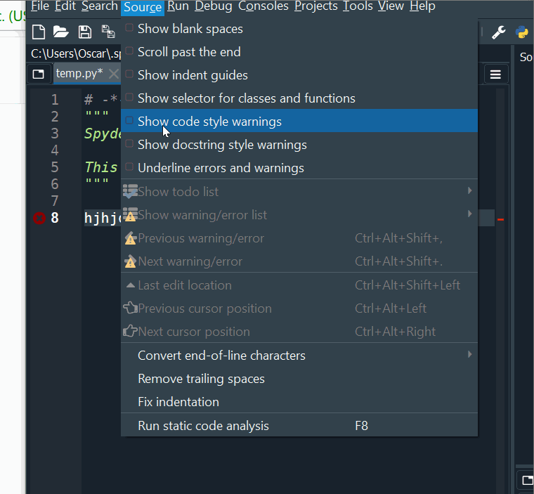 Warning/error on last row not in warning list · Issue #9924 · spyder ...
