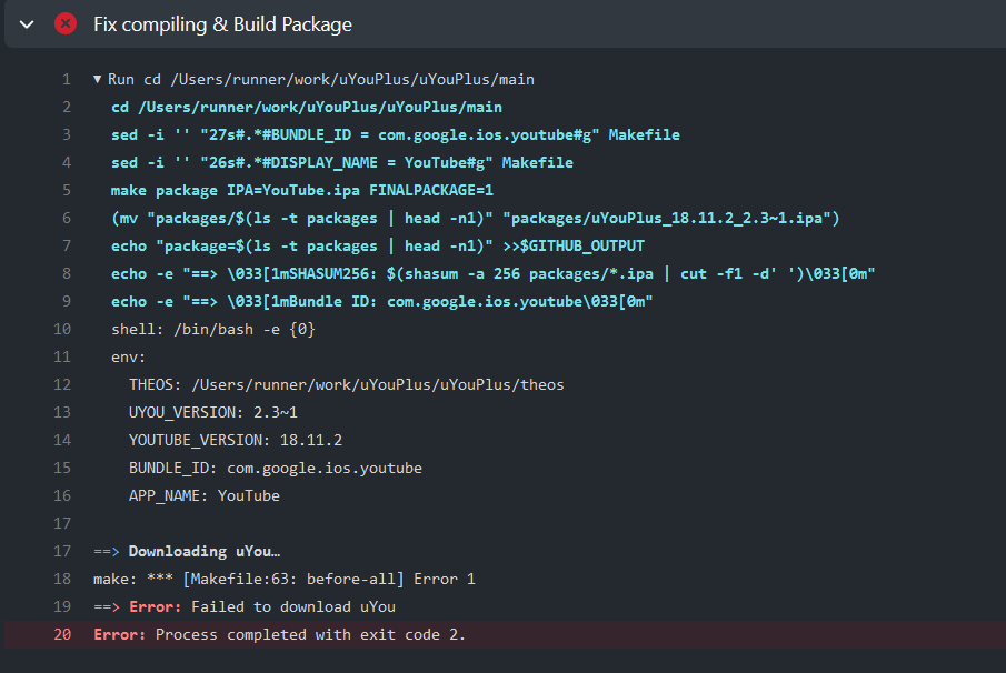 Build and Release uYouPlus Workflow Error "Failed to download uYou" · Issue #1031 · qnblackcat ...