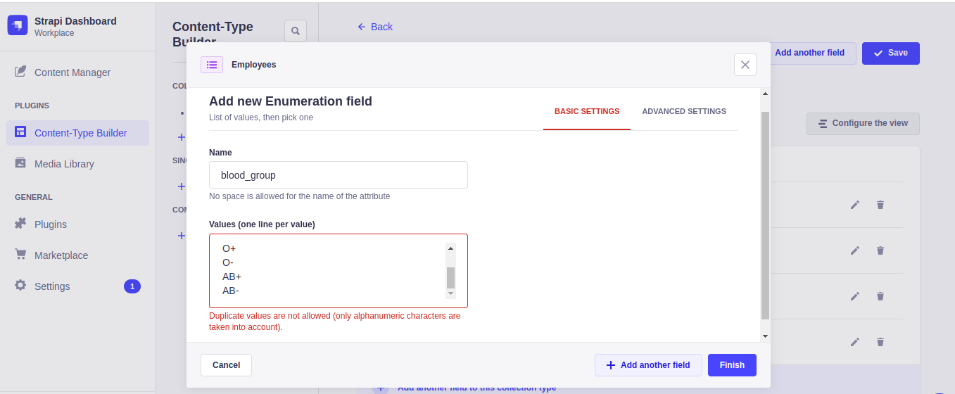 Add two different Enumeration Values returns Duplicate Error · Issue #15180 · strapi/strapi · GitHub