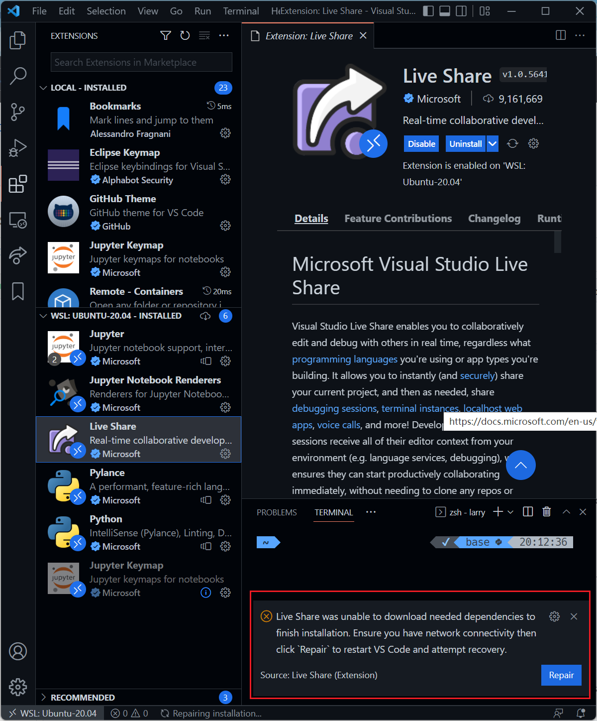 always shows "Live Share was unable to download needed dependencies to finish installation ...