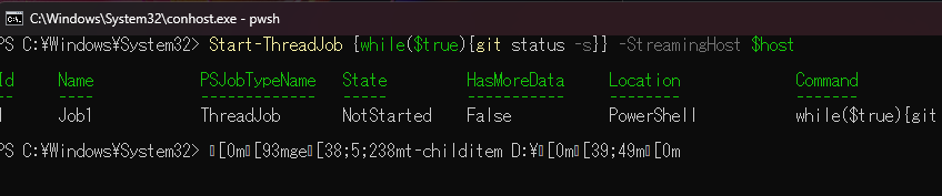 Running command line applications on a ThreadJob with StreamingHost breaks escape sequences on ...