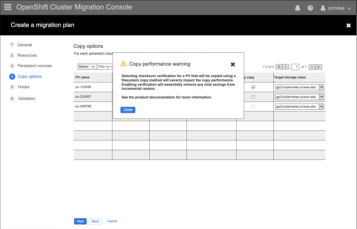 Plan wizard copy options: add popup warning the first time a user checks a "verify copy ...