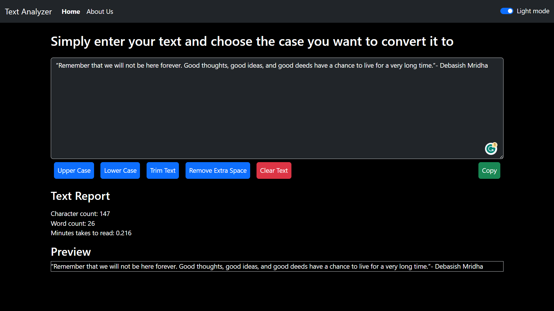 Text Analyzer Application built using React.js