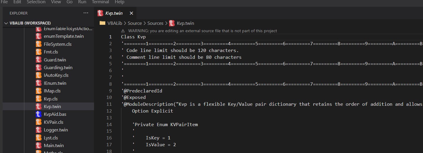 Reinstallation of VSCode and Twinbasic: all code modules have are external source file warning ...