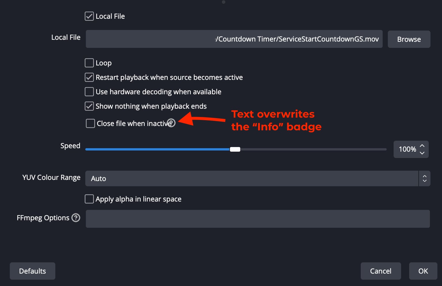 Dialog box text overwrites the Info badge · Issue #7758 · obsproject ...