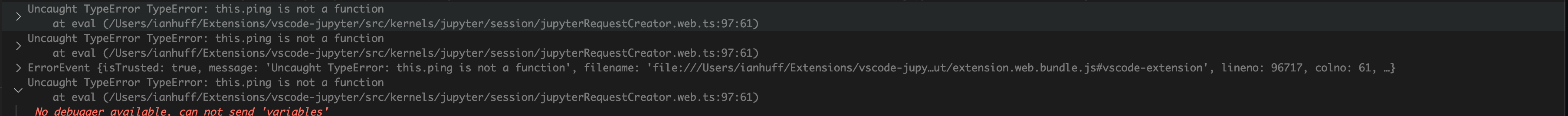 Debug Console flooded with TypeErrors for .ping · Issue #9786 · microsoft/vscode-jupyter · GitHub