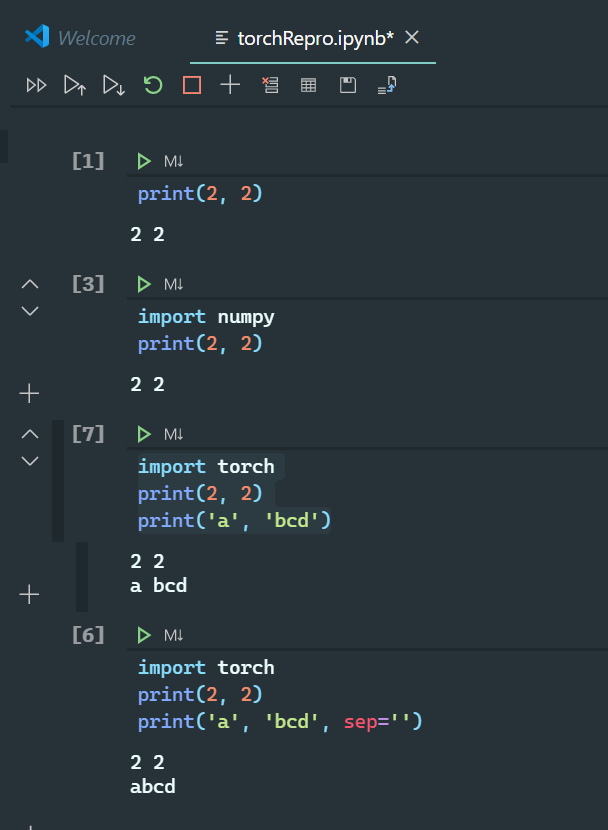Missing blankspace of print function after importing torch · Issue #2291 · microsoft/vscode ...