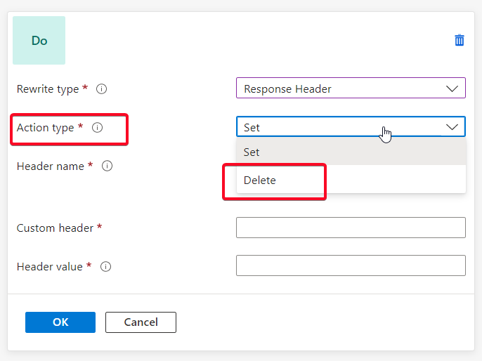 How to change az network application-gateway rewrite-rule create --response-header "action-type ...