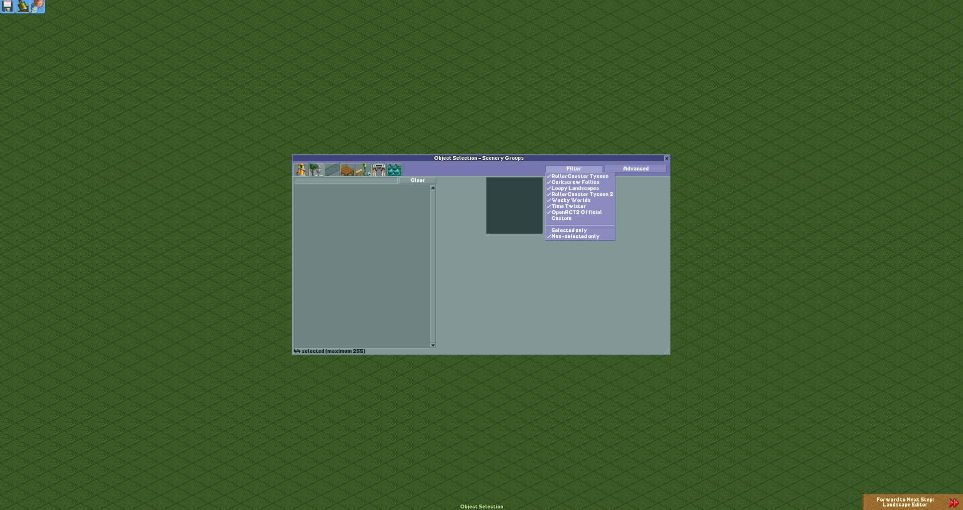 Selecting all scenery (specifically all WW & TT groups) causes the Trees and Wall's and Roof's ...