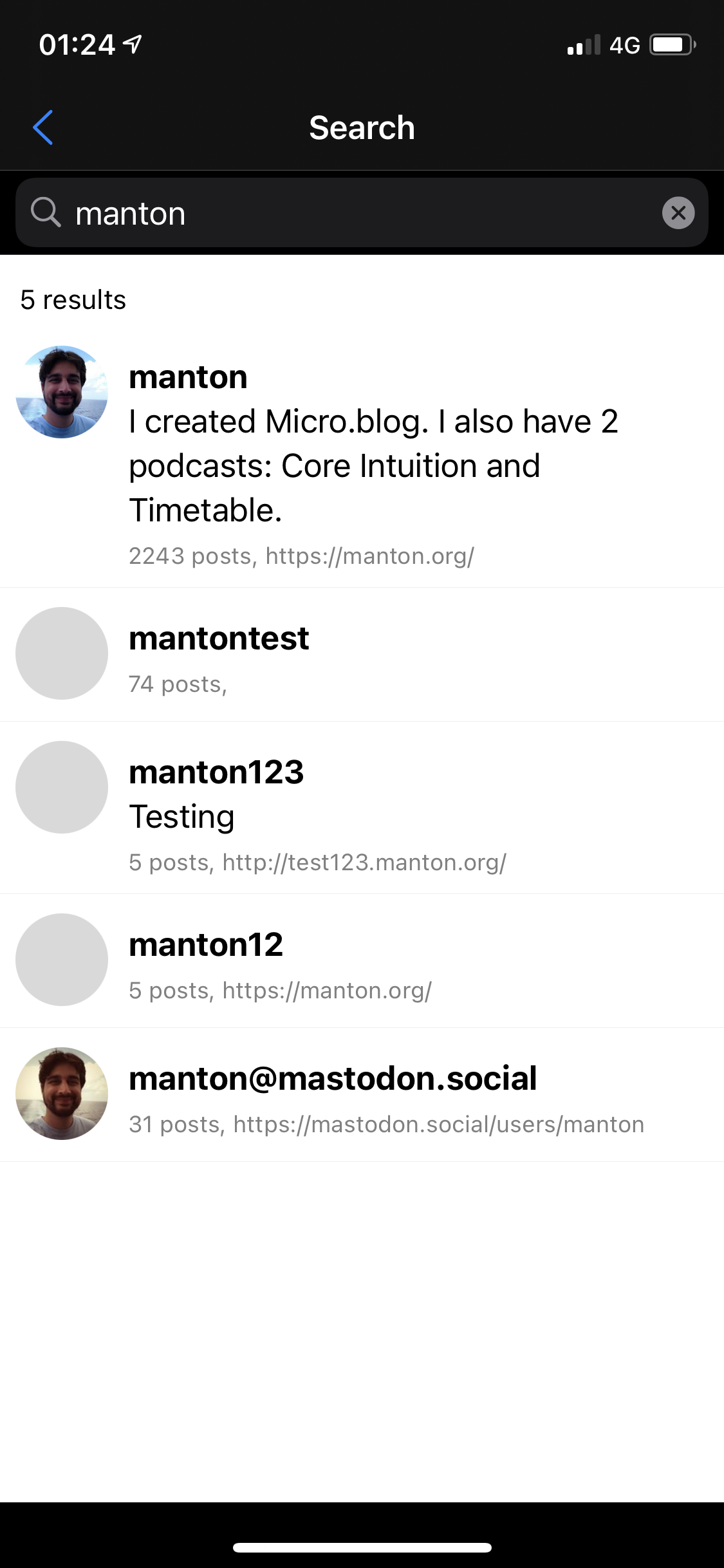 iOS app: Dark mode not used when searching for users · Issue #192 · microdotblog/issues · GitHub