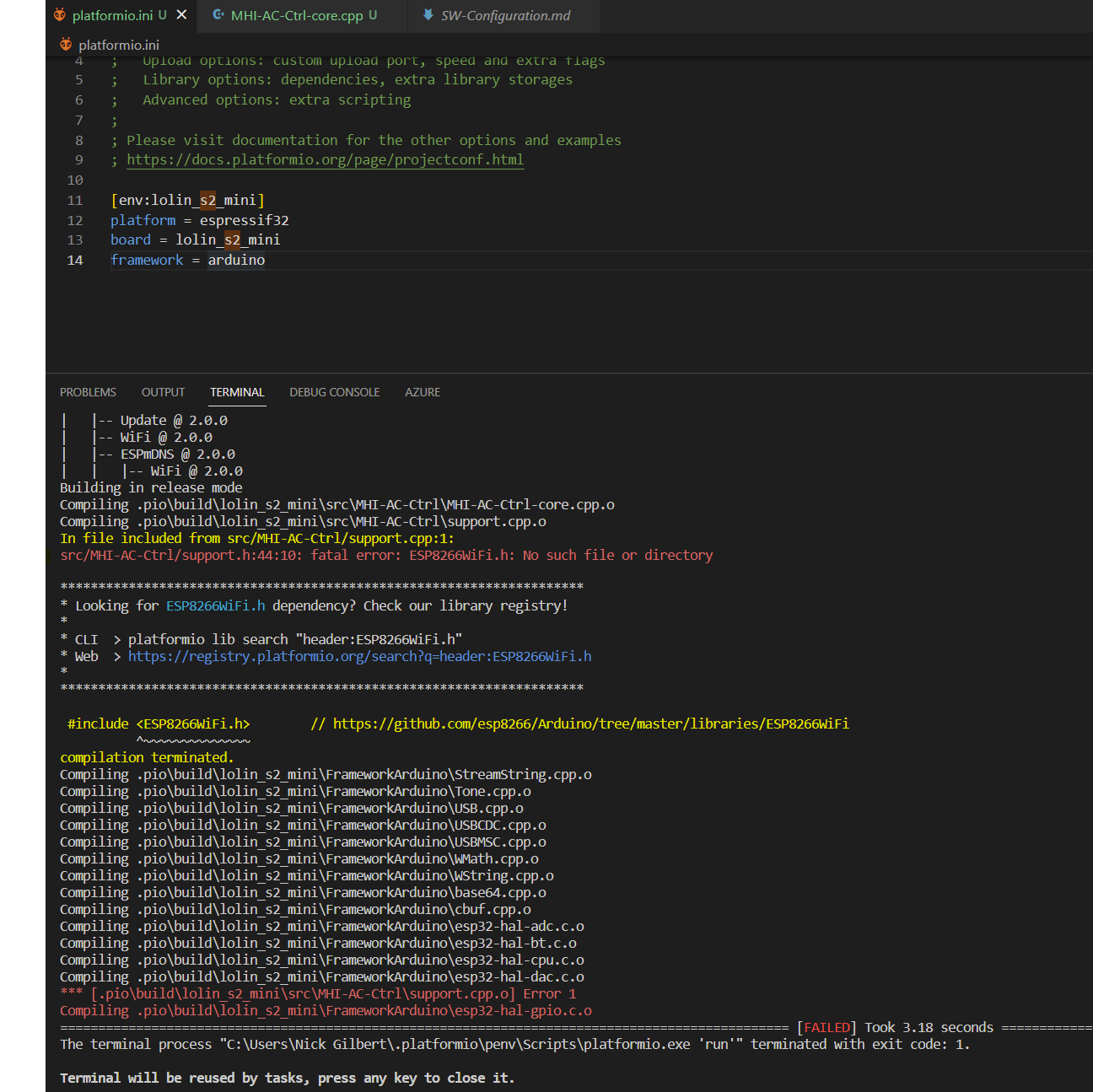 Stuck! Compiler can't find ESP8266WiFi.h when board is set to Wemos LOLIN S2 Mini · Issue #838 ...
